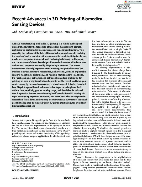 (PDF) Recent Advances in 3D Printing of Biomedical Sensing Devices