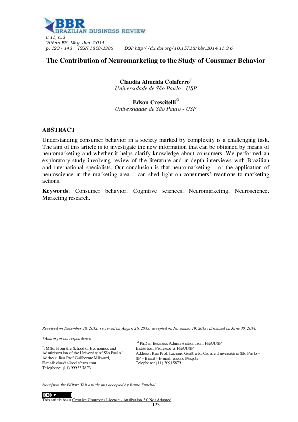 (PDF) The Contribution of Neuromarketing to the Study of Consumer Behavior