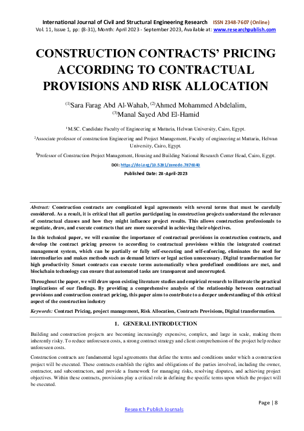 (PDF) CONSTRUCTION CONTRACTS' PRICING ACCORDING TO CONTRACTUAL ...