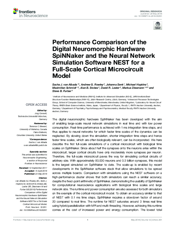 (PDF) Performance Comparison of the Digital Neuromorphic Hardware SpiNNaker and the Neural ...