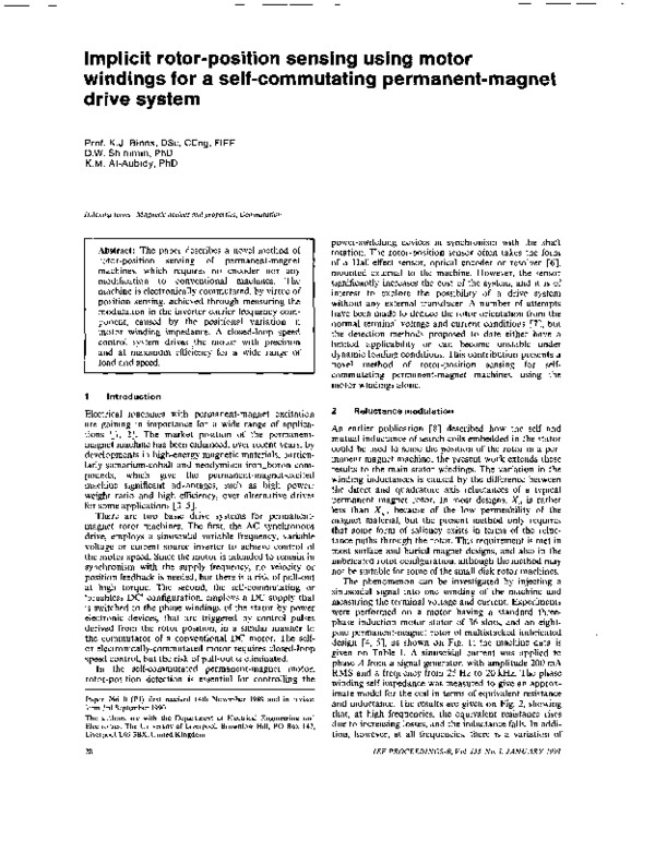 Pdf Implicit Rotor Position Sensing Using Motor Windings For A Self Commutating Permanent