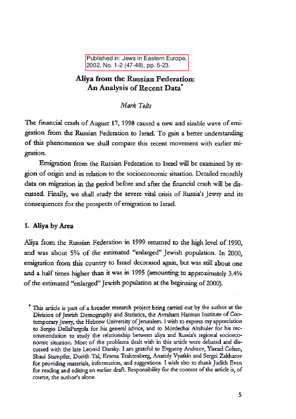(PDF) Aliya from the Russian Federation: An Analysis of Recent Data