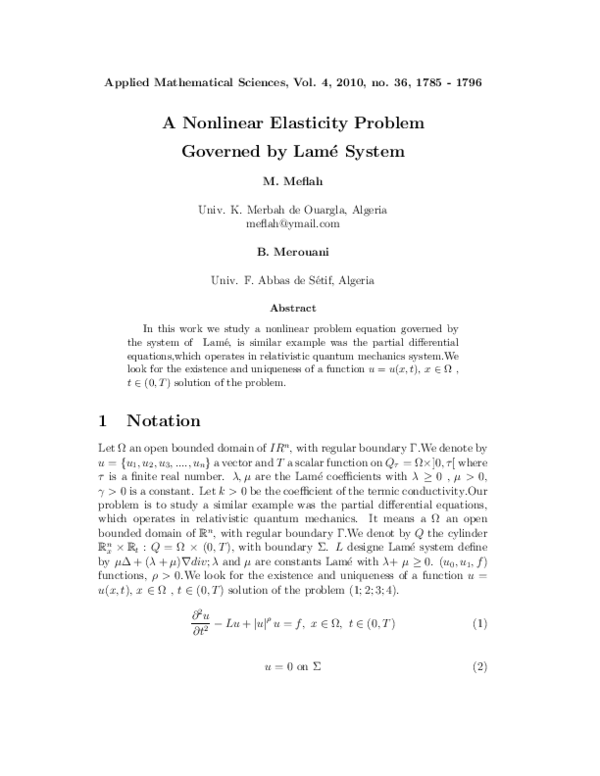 (PDF) A Nonlinear Elasticity Problem Governed by Lamé System