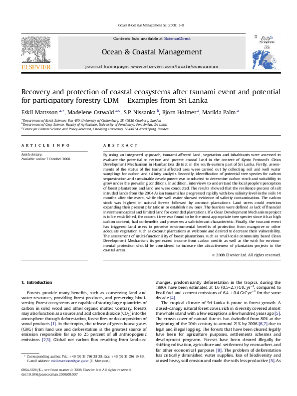 (PDF) Recovery and protection of coastal ecosystems after tsunami event ...
