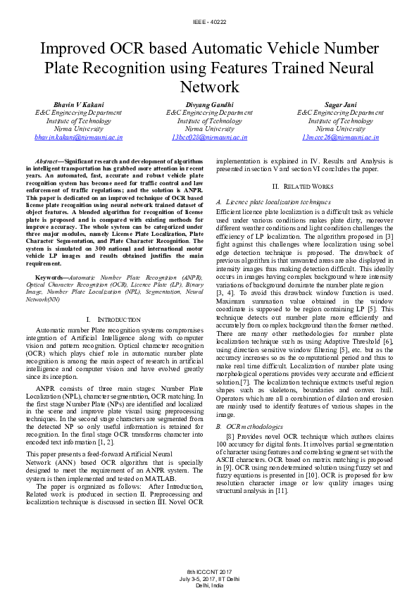 (PDF) Improved OCR based automatic vehicle number plate recognition using features trained ...
