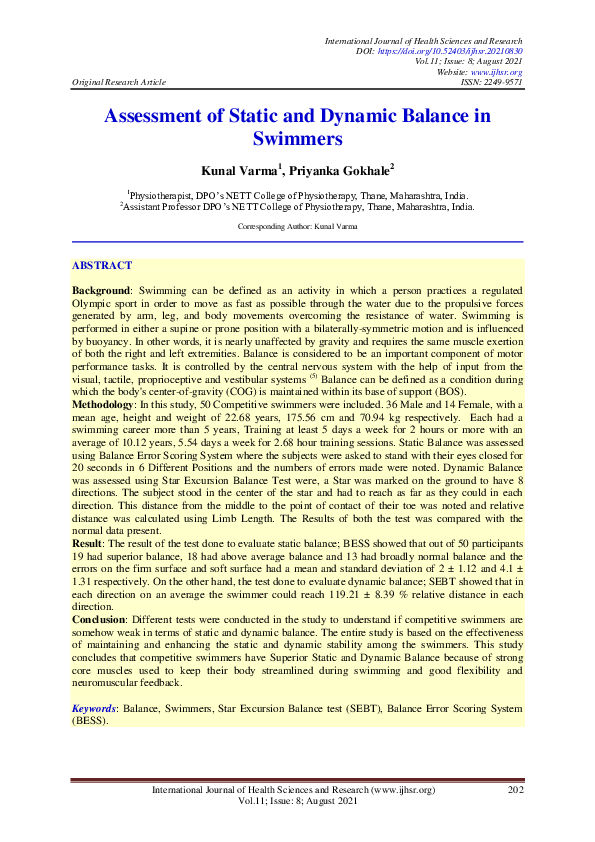 (PDF) Assessment of Static and Dynamic Balance in Swimmers | Kunal ...