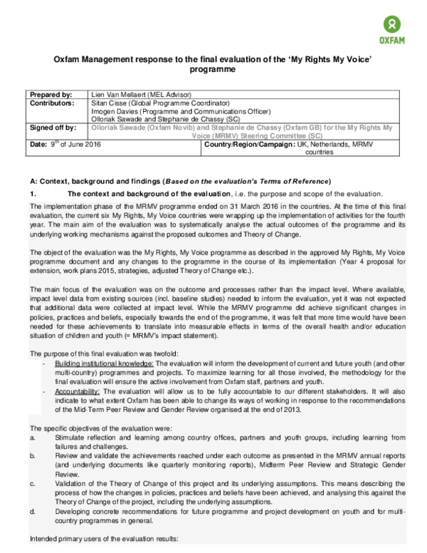 (PDF) Oxfam Management response to the final evaluation of the ‘My ...