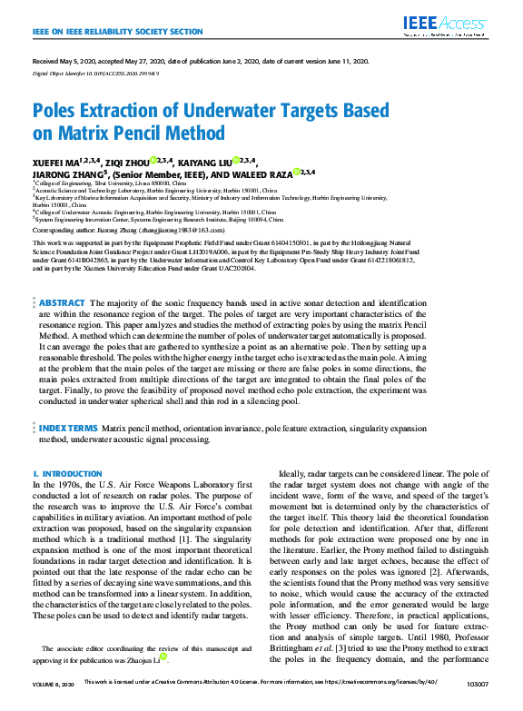 (PDF) Poles Extraction of Underwater Targets Based on Matrix Pencil Method