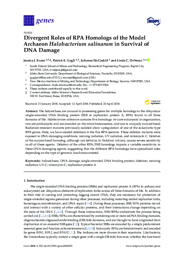 (PDF) {"__content__"=>"Divergent Roles of RPA Homologs of the Model ...