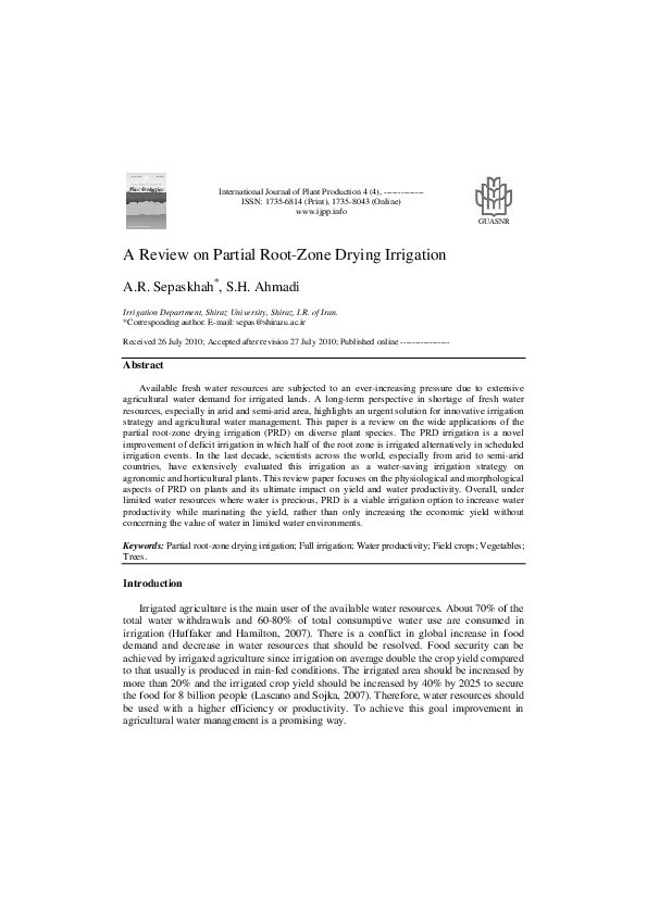 Pdf A Review On Partial Root Zone Drying Irrigation