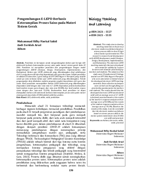 (PDF) Pengembangan E-LKPD Berbasis Keterampilan Proses Sains pada Materi Sistem Gerak | Muhammad ...