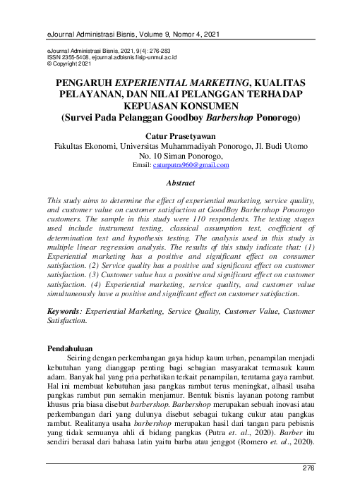 (PDF) PENGARUH EXPERIENTIAL MARKETING, KUALITAS PELAYANAN, DAN NILAI PELANGGAN TERHADAP KEPUASAN ...