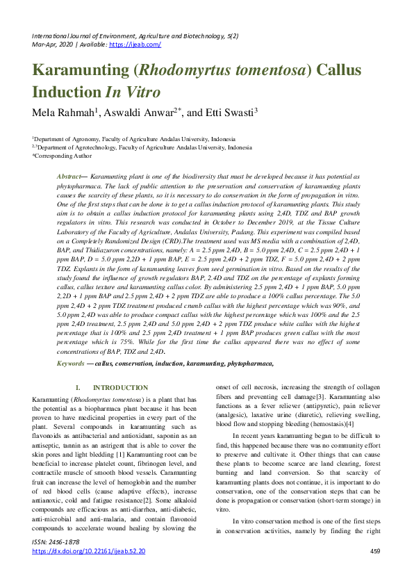 (PDF) Karamunting (Rhodomyrtus tomentosa) Callus Induction In Vitro