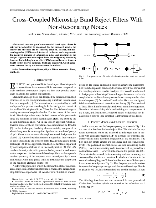 (PDF) Cross-coupled microstrip band reject filters with non-resonating ...