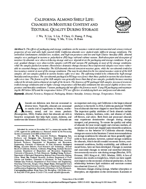(PDF) California Almond Shelf Life: Changes in Moisture Content and ...