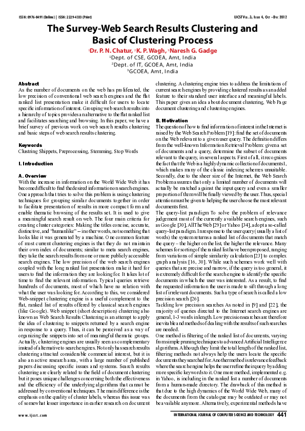 Pdf The Survey Web Search Results Clustering And Basic Of Clustering