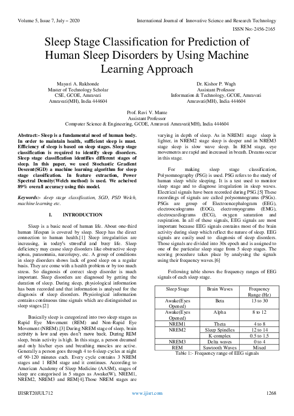 (PDF) Sleep Stage Classification for Prediction of Human Sleep ...