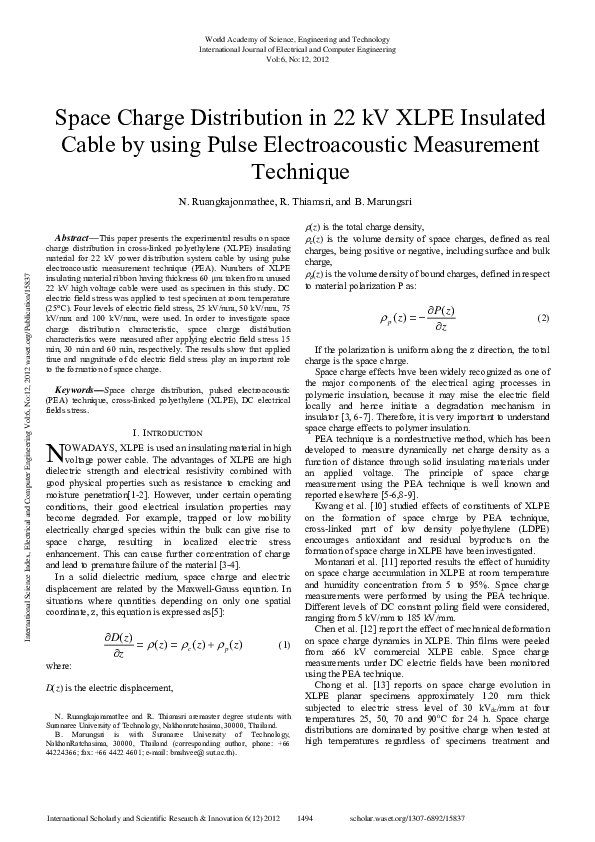 (PDF) Space Charge Distribution in 22 kV XLPE Insulated Cable by Using Pulse Electroacoustic ...