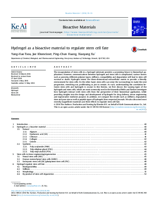 (PDF) Hydrogel as a bioactive material to regulate stem cell fate