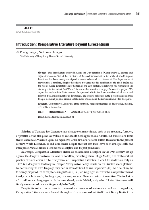 (PDF) Introduction: Comparative Literature beyond Eurocentrism (by Zhang Longxi and Omid ...