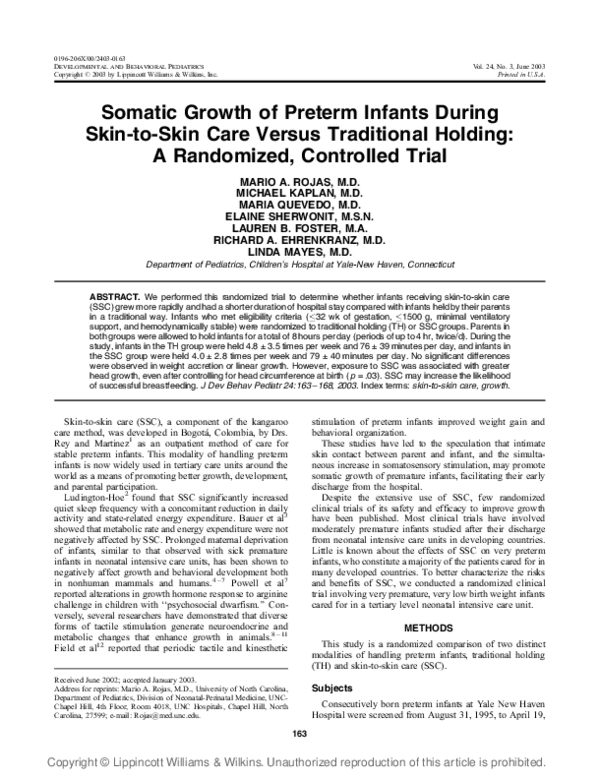 (PDF) Somatic Growth of Preterm Infants During Skin-to-Skin Care Versus ...