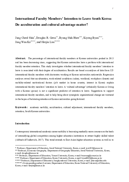 (PDF) International Faculty Members' Intention to Leave South Korea: Do acculturation and ...