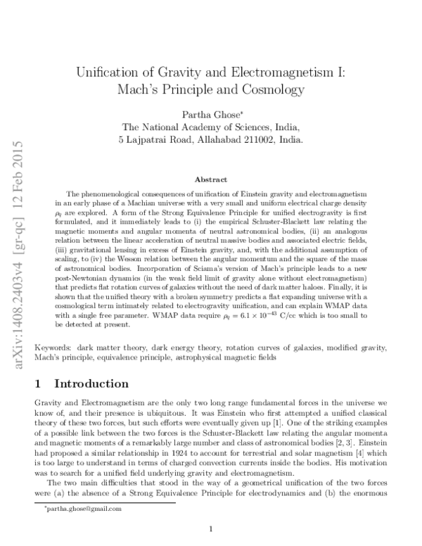 (PDF) Unification of Gravity and Electromagnetism I: Mach's Principle ...