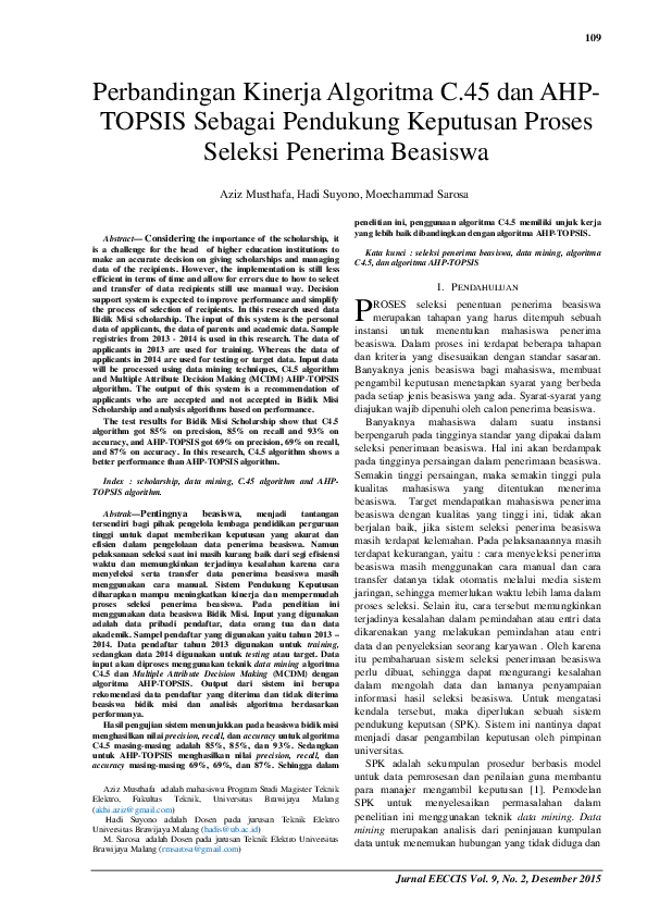 (PDF) Perbandingan Kinerja Algoritma C.45 dan AHP-TOPSIS Sebagai Pendukung Keputusan Proses ...