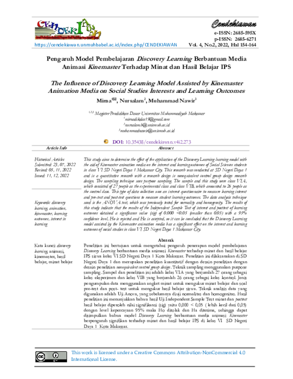 (PDF) Pengaruh Model Pembelajaran Discovery Learning Berbantuan Media Animasi Kinemaster ...