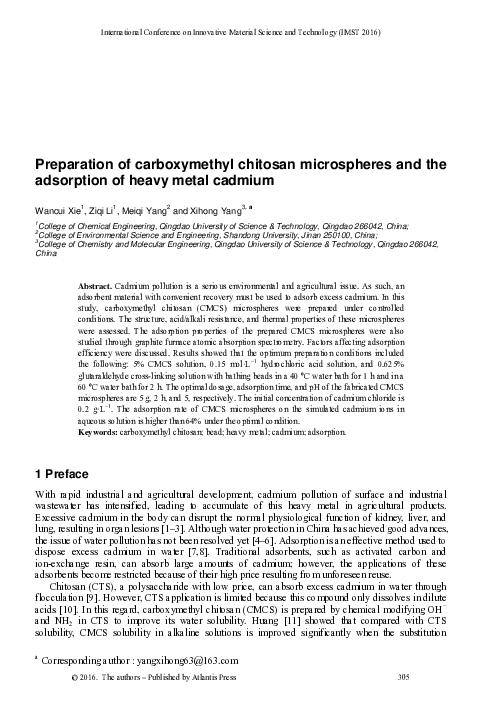 (PDF) Preparation of carboxymethyl chitosan microspheres and the adsorption of heavy metal ...
