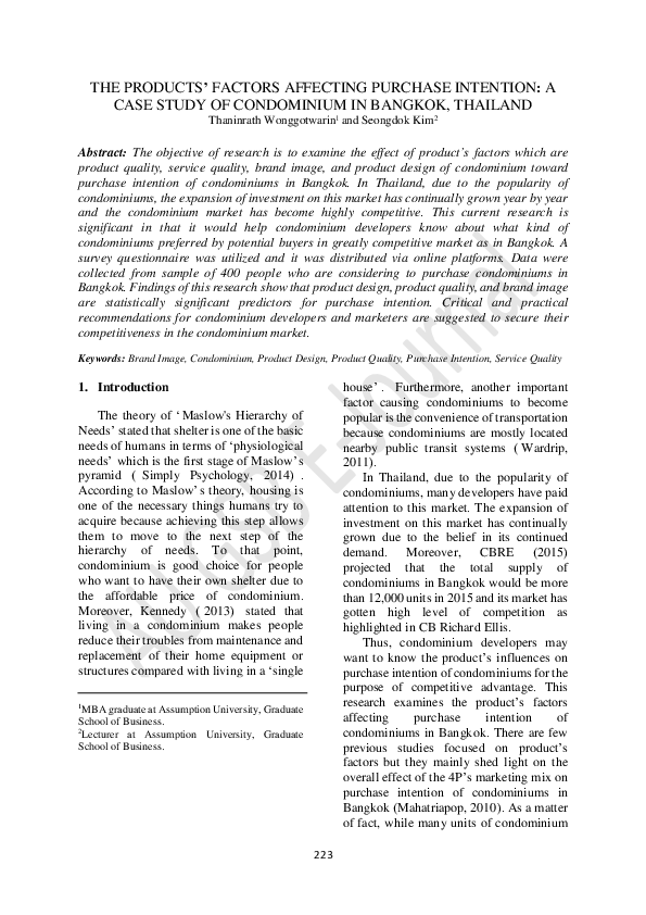 (PDF) The products' factors affecting purchase intention: a case study of condominium in Bangkok ...