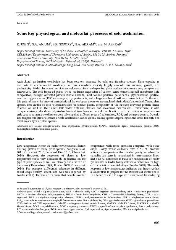 (PDF) Some key physiological and molecular processes of cold acclimation