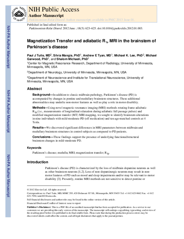 (PDF) Magnetization transfer and adiabatic R1ρ MRI in the brainstem of ...