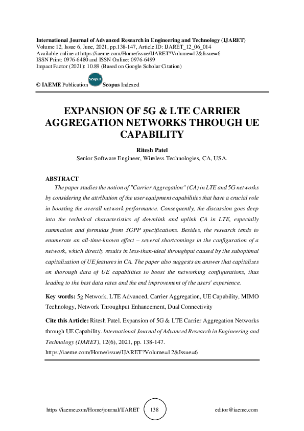 (PDF) EXPANSION OF 5G & LTE CARRIER AGGREGATION NETWORKS THROUGH UE CAPABILITY | IAEME ...