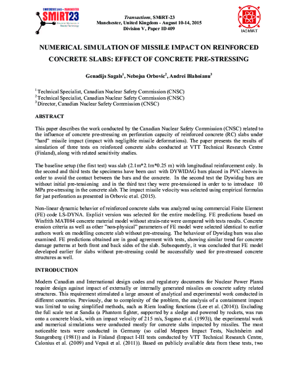 Pdf Numerical Simulation Of Missile Impact On Reinforced Concrete Slabs Effect Of Concrete