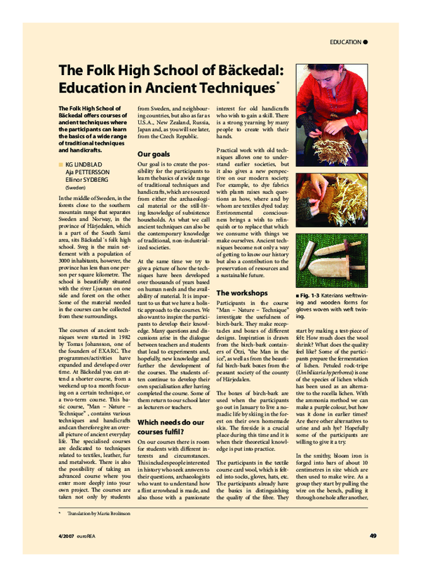 (PDF) The folk high school of Bäckedal: education in ancient techniques