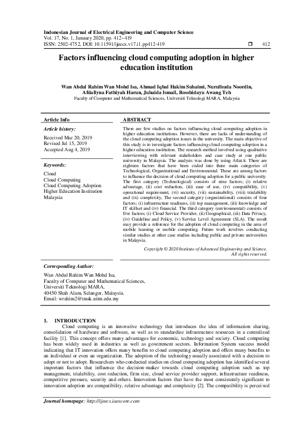 (PDF) Factors influencing cloud computing adoption in higher education ...