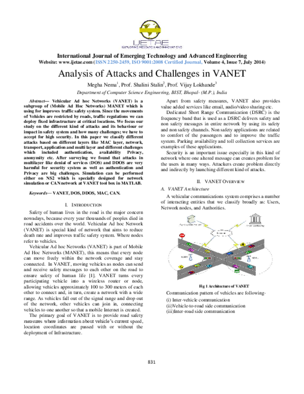 (PDF) Analysis of Attacks and Challenges in VANET
