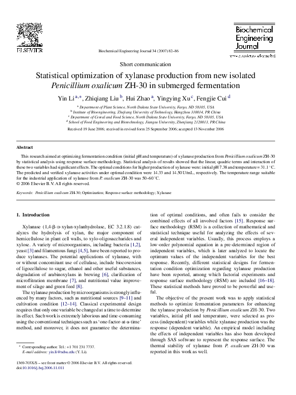 (PDF) Statistical optimization of xylanase production from new isolated Penicillium oxalicum ZH ...