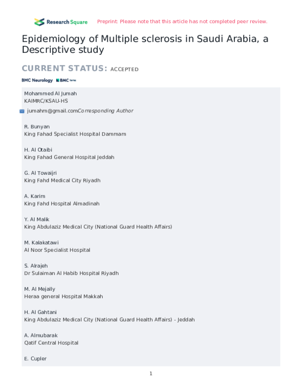 (PDF) Epidemiology of Multiple sclerosis in Saudi Arabia, a Descriptive study