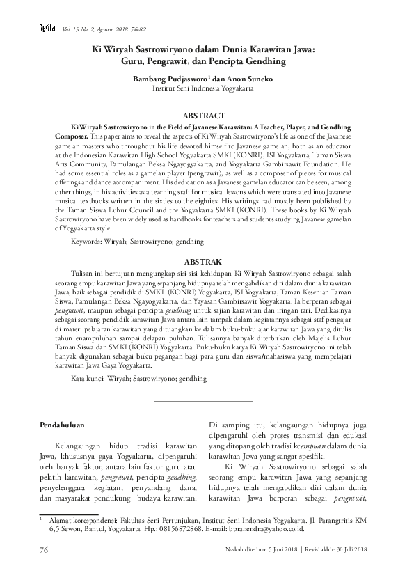 (PDF) Ki Wiryah Sastrowiryono dalam Dunia Karawitan Jawa: Guru ...