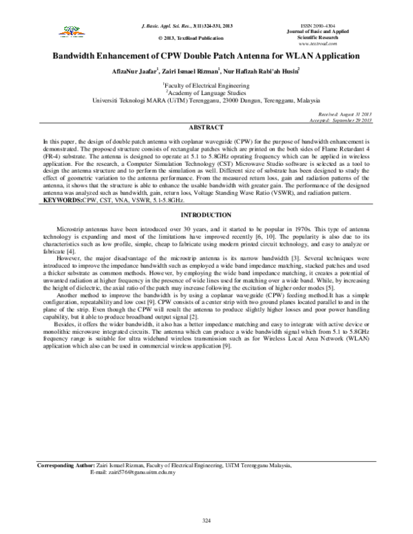 (PDF) Bandwidth Enhancement of CPW Double Patch Antenna for WLAN Application