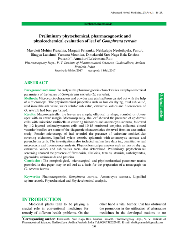(PDF) Preliminary phytochemical, pharmacognostic and physicochemical evaluation of leaf of ...