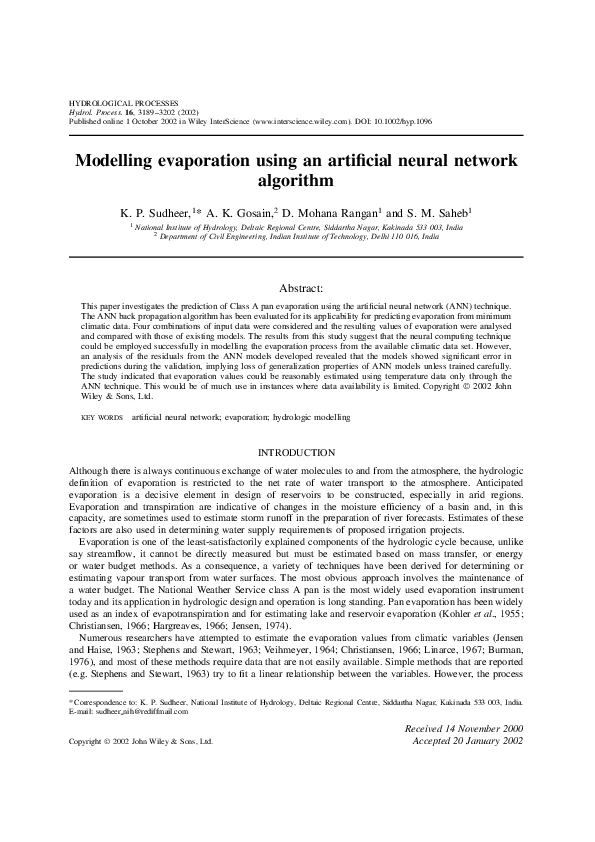 (PDF) Modelling evaporation using an artificial neural network algorithm
