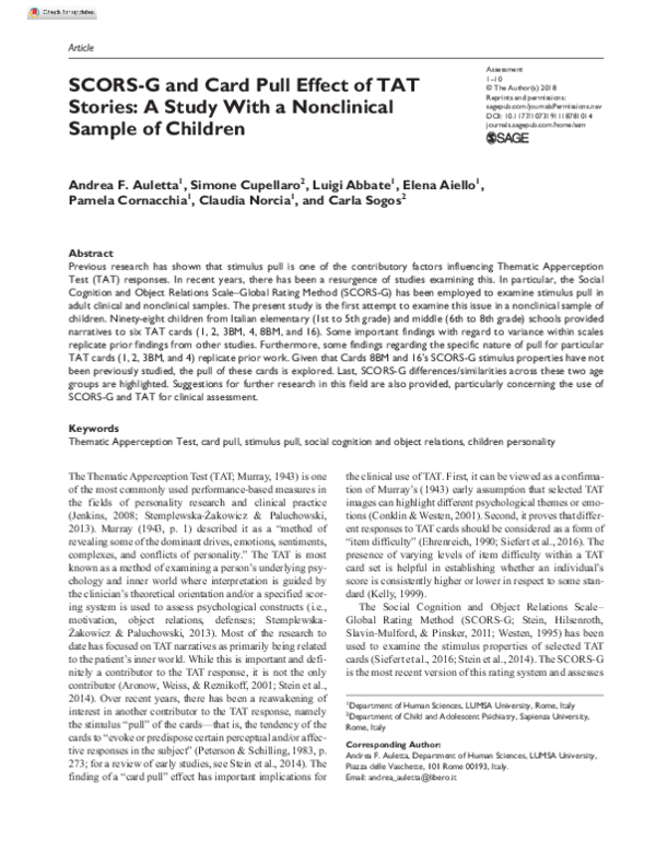 (PDF) SCORS-G and Card Pull Effect of TAT Stories: A Study With a ...