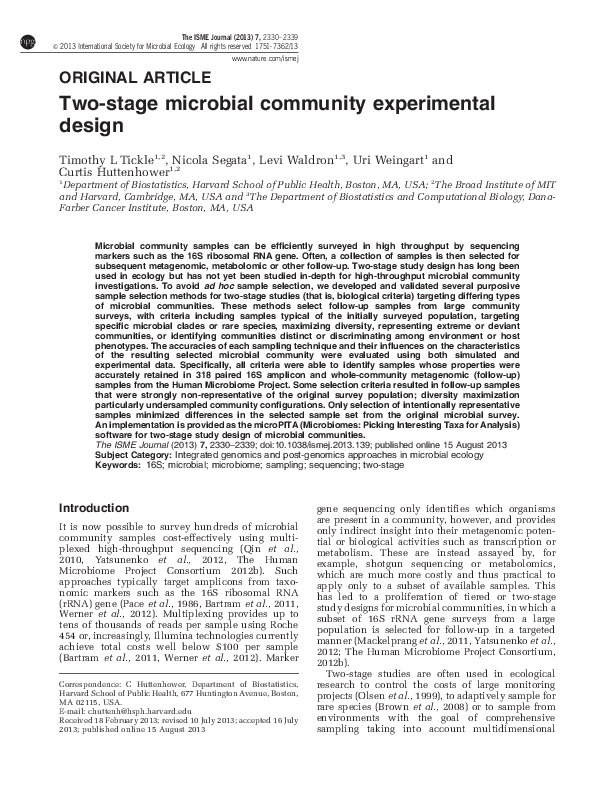 (PDF) Two-stage microbial community experimental design | Uri Weingart ...