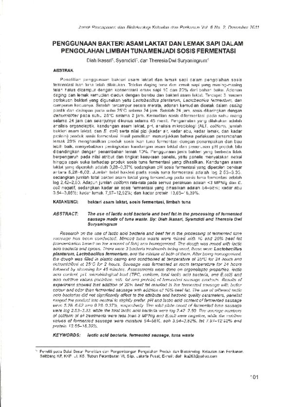 Penggunaan Bakteri Asam Laktat dan Lemak Sapi dalam Pengolahan Limbah Tuna menjadi Sosis Fermentasi