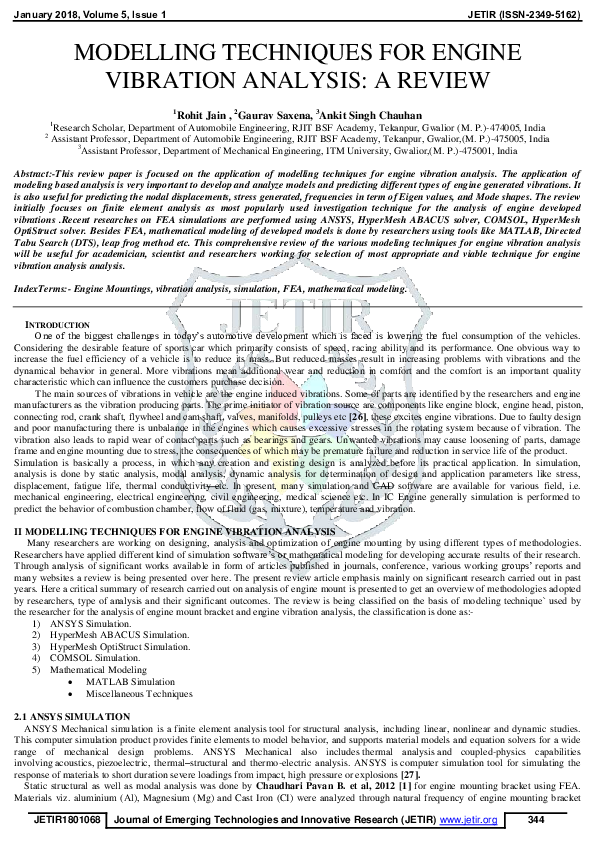 (PDF) Modelling Techniques for Engine Vibration Analysis: A Review