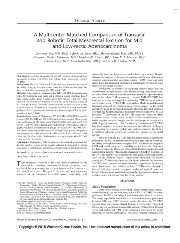 (PDF) A Multicenter Matched Comparison of Transanal and Robotic Total ...