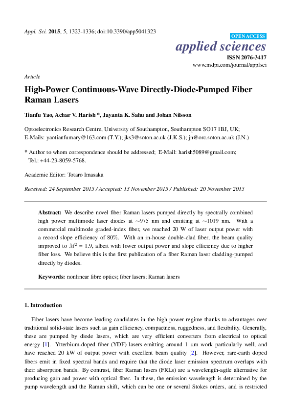 (PDF) High-Power Continuous-Wave Directly-Diode-Pumped Fiber Raman Lasers